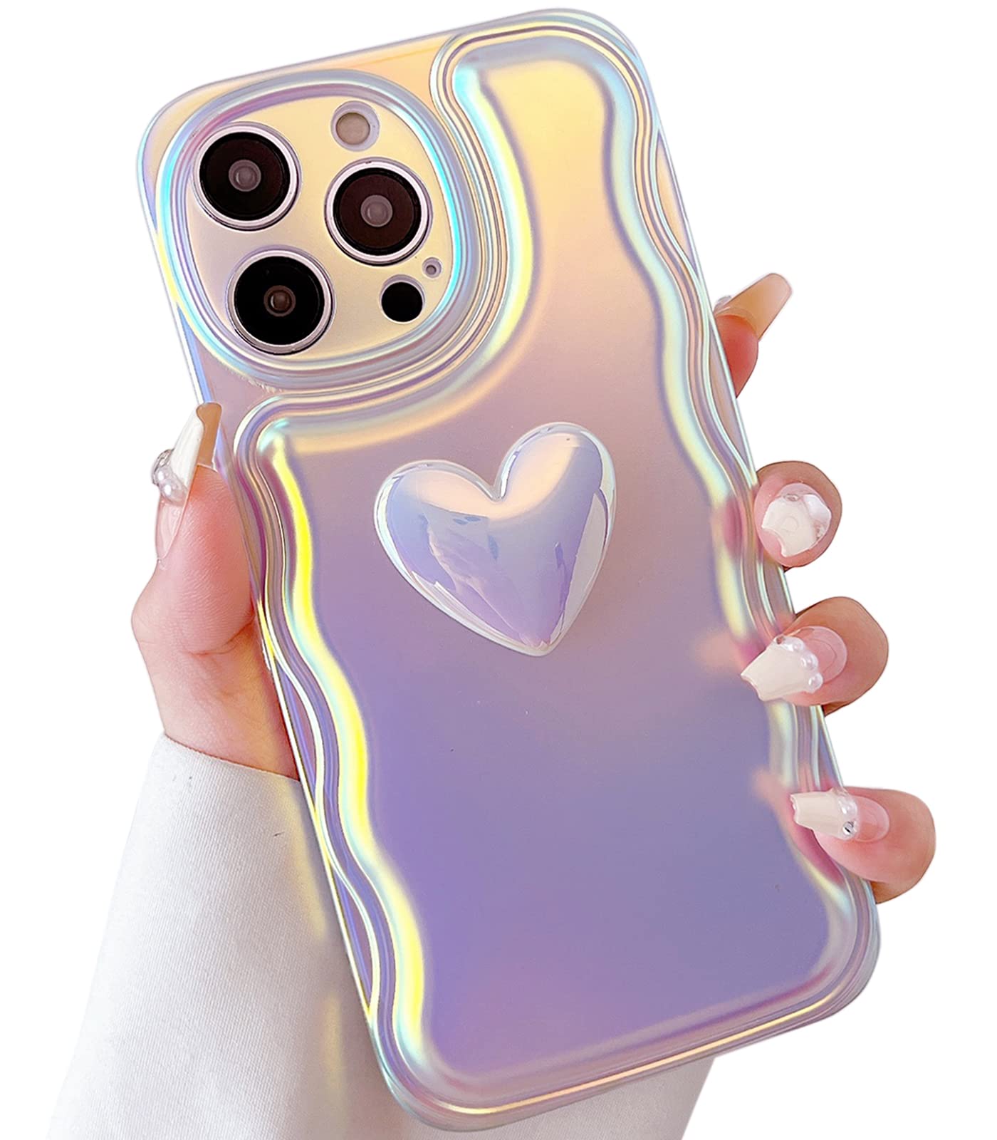 Qokey for iPhone 14 Pro Max Case 6.7 inch,Cute 3D Love Heart Wave Frame Soft TPU Sparkle Bling Laser Colorful Light Glitter Phone Case for iPhone 14 Pro Max for Women Girls Purple