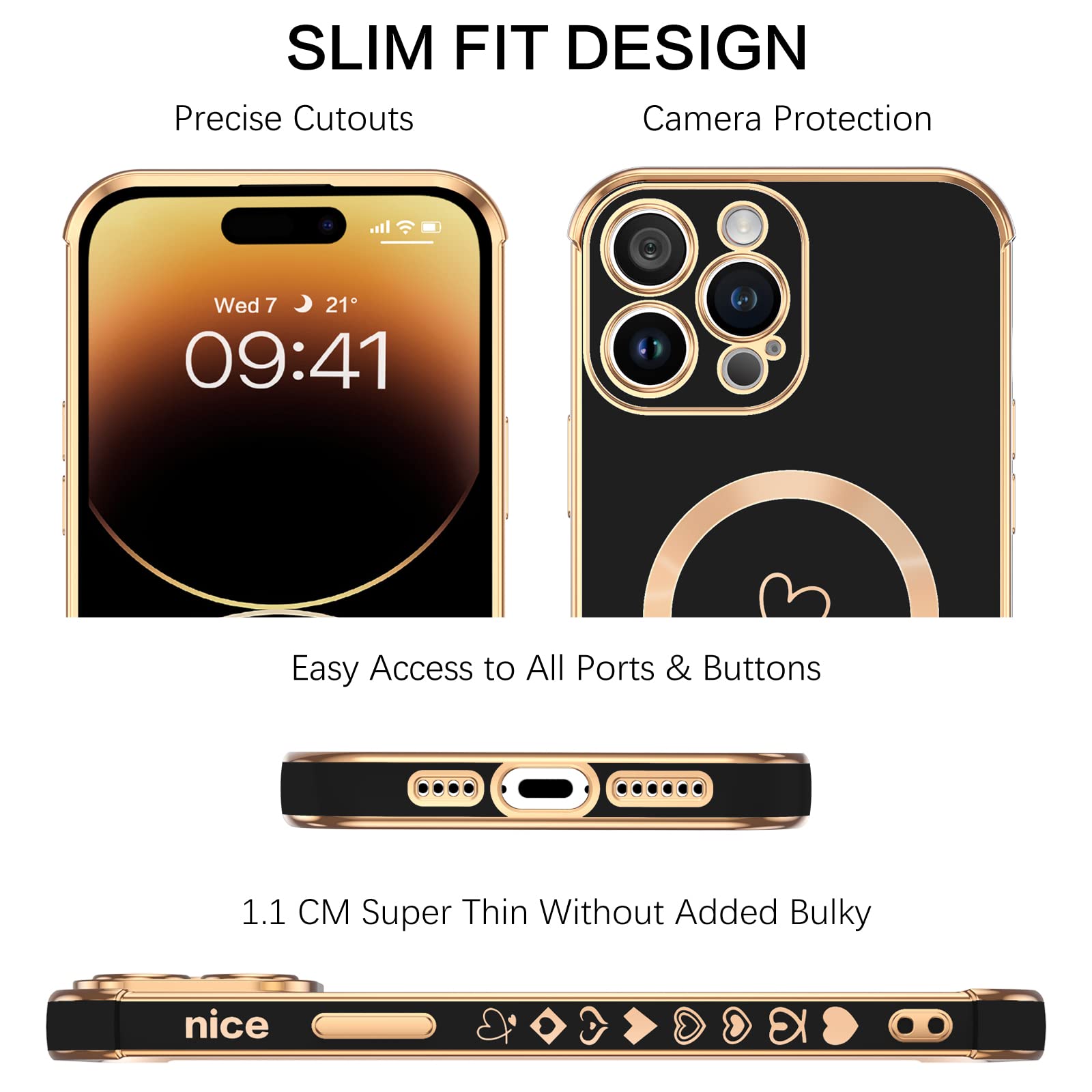 BENTOBEN iPhone 14 Pro Max Phone Case [Compatible with Magsafe] Slim Thin Luxury Gold Heart Design Shockproof Protection Soft TPU Bumper Drop Protective Girls Women Boy Men 14 ProMax Cover, Black/Gold