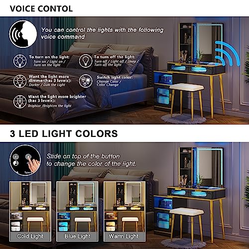 HNEBC Vanity Desk with Mirror and Lights,White Vanity Set with USB&Type-C&Wireless Charging,Makeup Vanity with Drawers/Stool, Voice Control Switch Vanity Makeup Desk for Bedroom&Dressing Room,Black