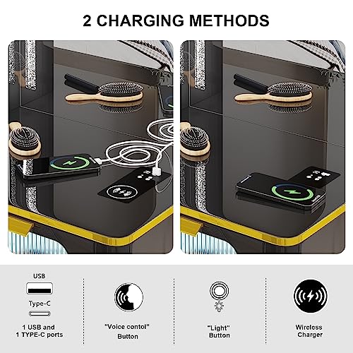 HNEBC Vanity Desk with Mirror and Lights,White Vanity Set with USB&Type-C&Wireless Charging,Makeup Vanity with Drawers/Stool, Voice Control Switch Vanity Makeup Desk for Bedroom&Dressing Room,Black