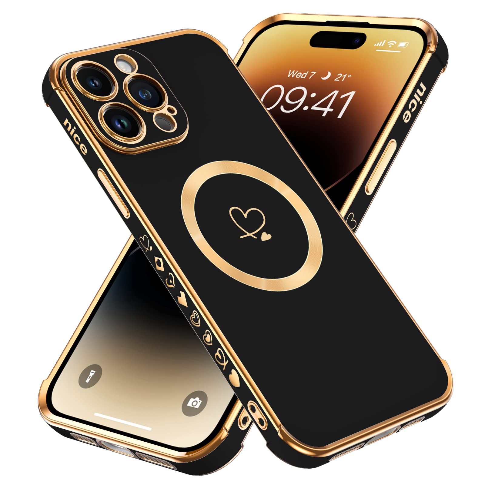 BENTOBEN iPhone 14 Pro Max Phone Case [Compatible with Magsafe] Slim Thin Luxury Gold Heart Design Shockproof Protection Soft TPU Bumper Drop Protective Girls Women Boy Men 14 ProMax Cover, Black/Gold