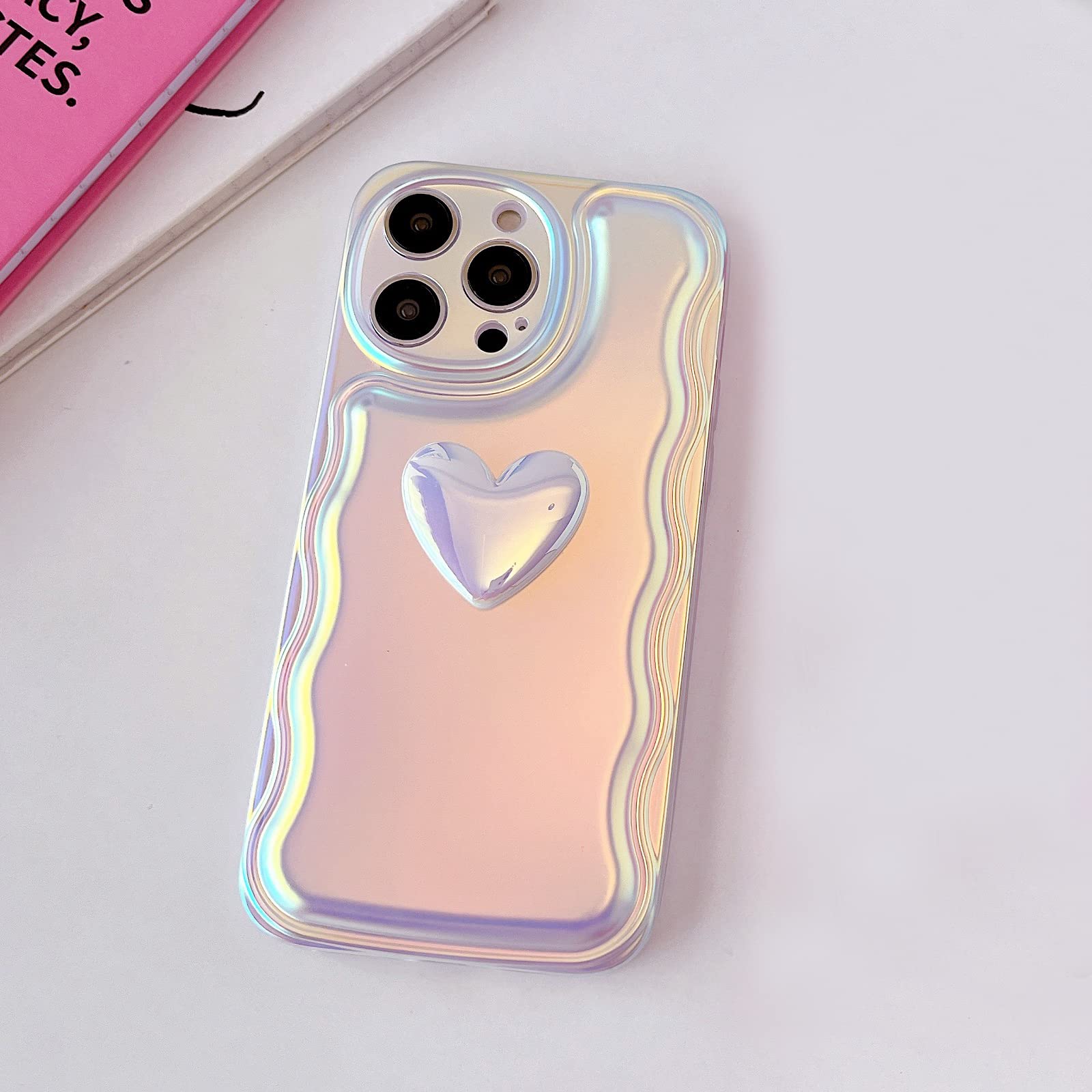 Qokey for iPhone 14 Pro Max Case 6.7 inch,Cute 3D Love Heart Wave Frame Soft TPU Sparkle Bling Laser Colorful Light Glitter Phone Case for iPhone 14 Pro Max for Women Girls Purple