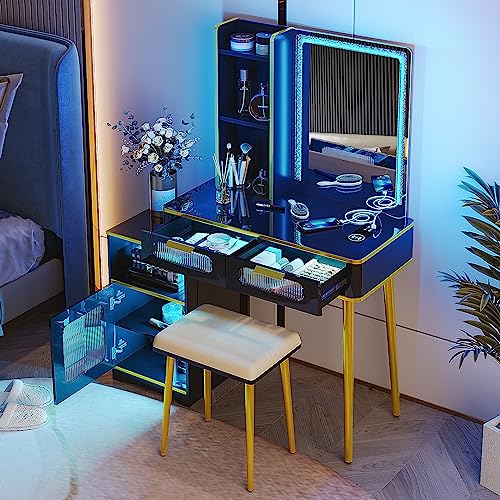HNEBC Vanity Desk with Mirror and Lights,White Vanity Set with USB&Type-C&Wireless Charging,Makeup Vanity with Drawers/Stool, Voice Control Switch Vanity Makeup Desk for Bedroom&Dressing Room,Black