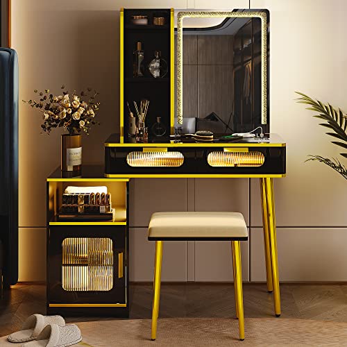 HNEBC Vanity Desk with Mirror and Lights,White Vanity Set with USB&Type-C&Wireless Charging,Makeup Vanity with Drawers/Stool, Voice Control Switch Vanity Makeup Desk for Bedroom&Dressing Room,Black