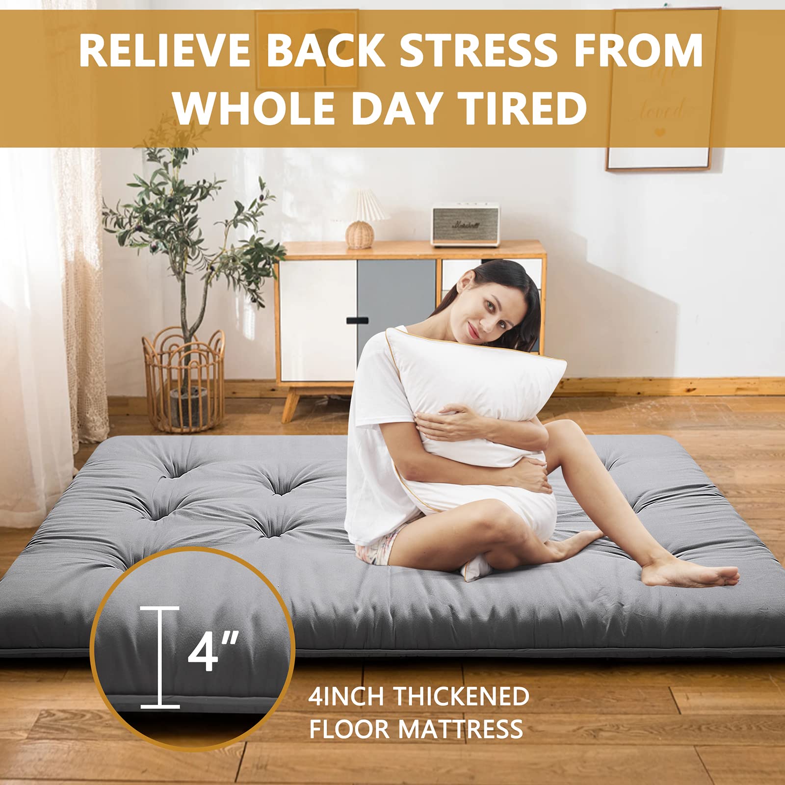 Futon Mattress Japanese Floor Mattress Full Size, Floor Bed Springy & Thick 4 '' Foam, Straps Roll Up Portable & Foldable Tatami Mat