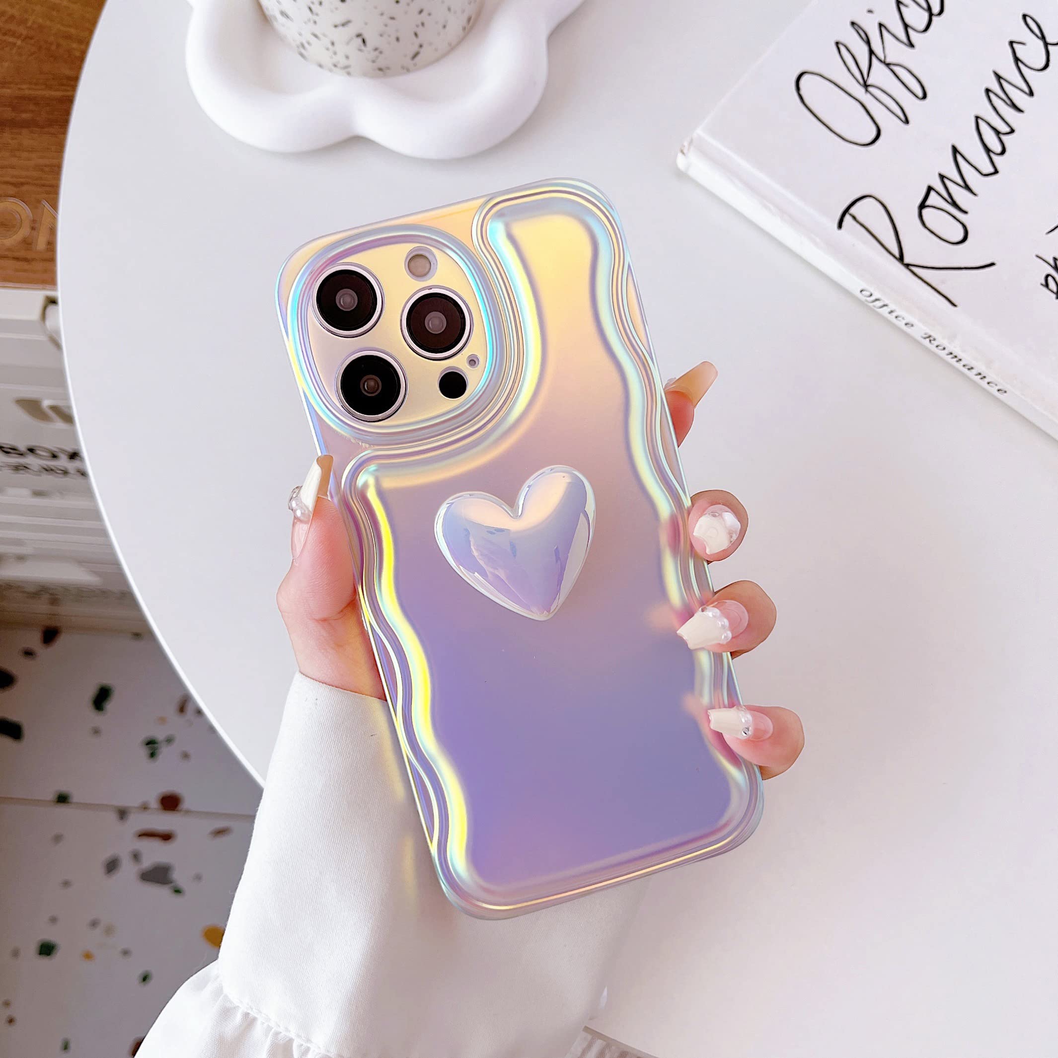 Qokey for iPhone 14 Pro Max Case 6.7 inch,Cute 3D Love Heart Wave Frame Soft TPU Sparkle Bling Laser Colorful Light Glitter Phone Case for iPhone 14 Pro Max for Women Girls Purple
