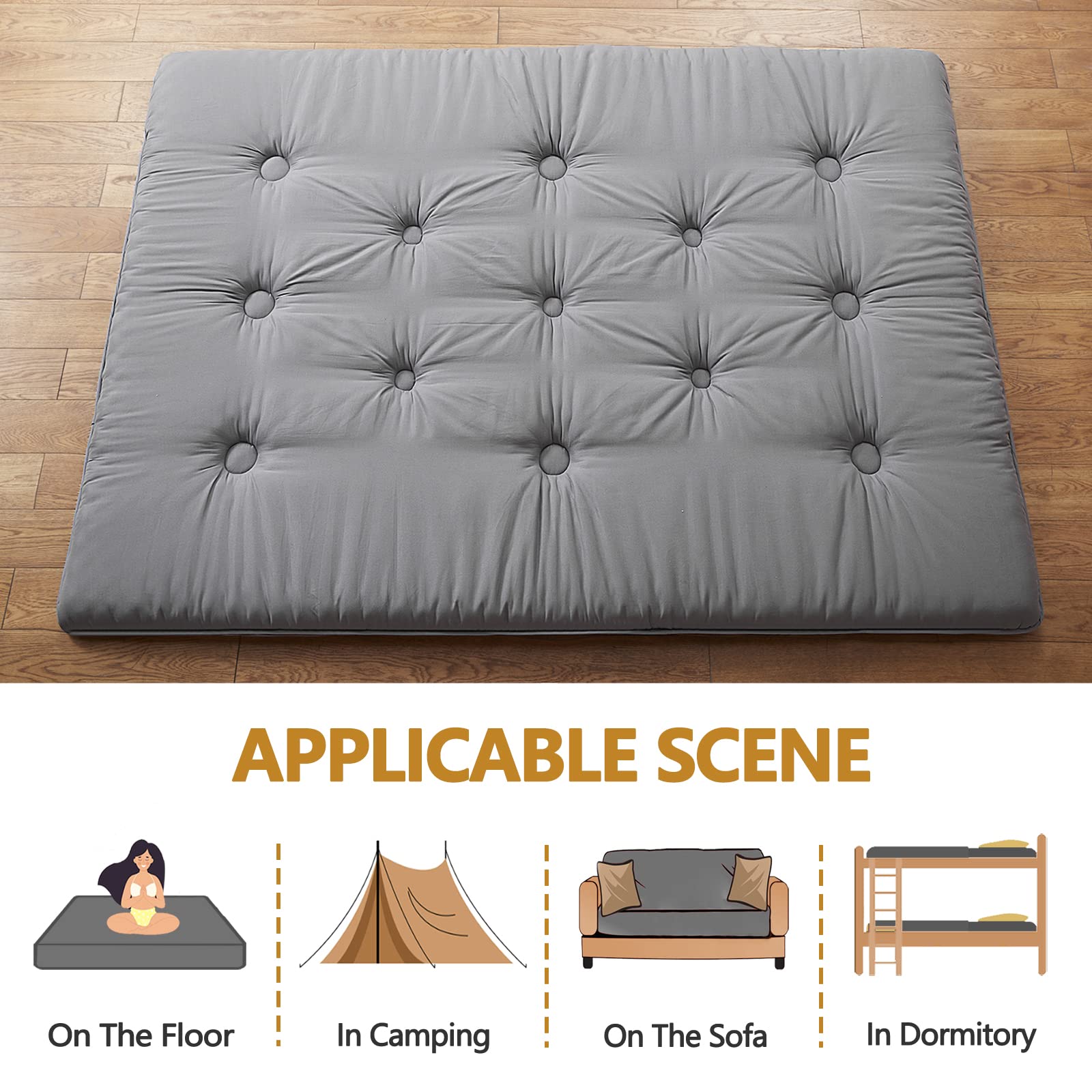 Futon Mattress Japanese Floor Mattress Full Size, Floor Bed Springy & Thick 4 '' Foam, Straps Roll Up Portable & Foldable Tatami Mat