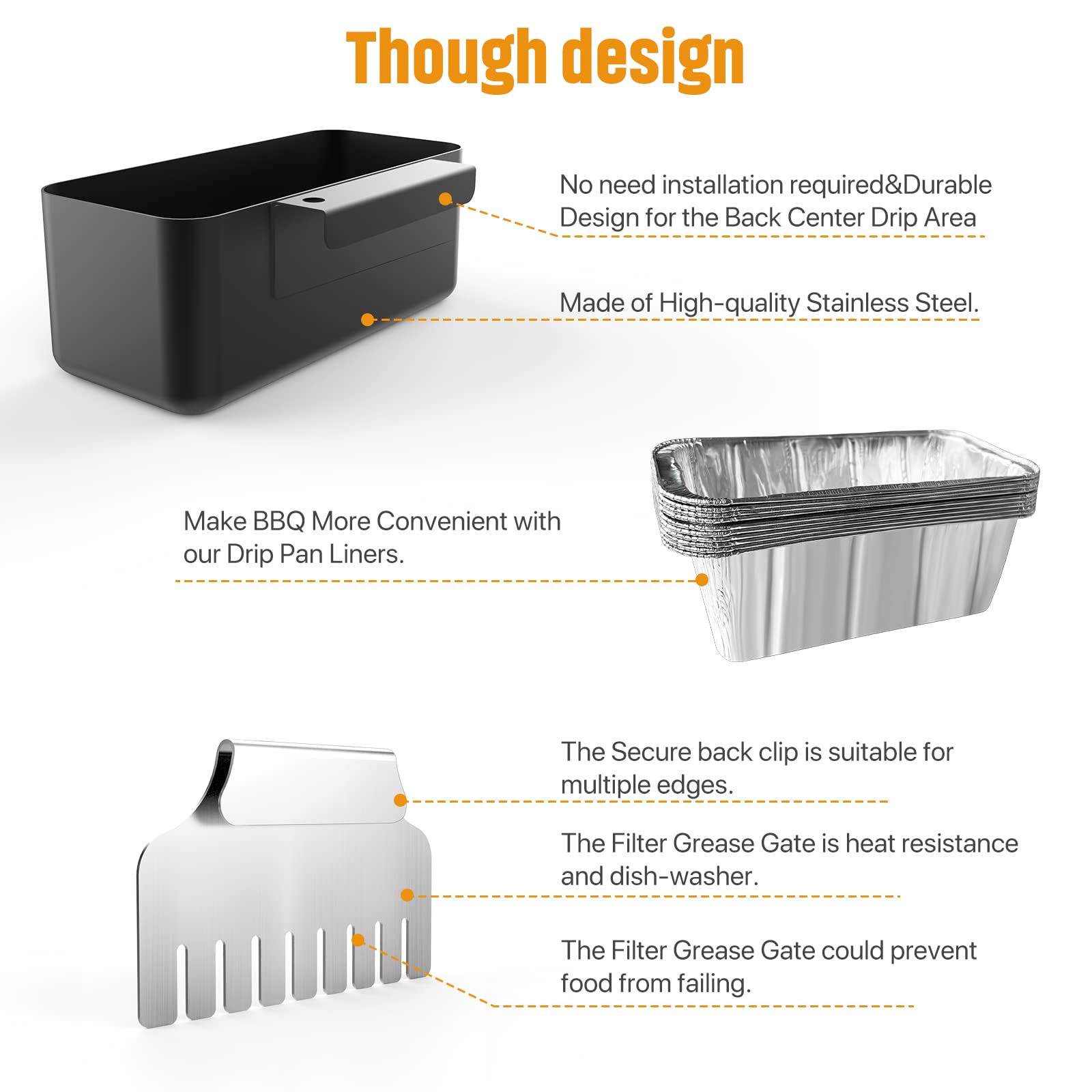 RUSFOL 3-in-1 Grease Catcher Pan with Stainless Steel Mesh Screen Grease Gate and 10 Pcs Aluminum Drip Pans Liner for 28"/36 Blackstone Griddles, Free from Drill&Easy Install BBQ Accessories