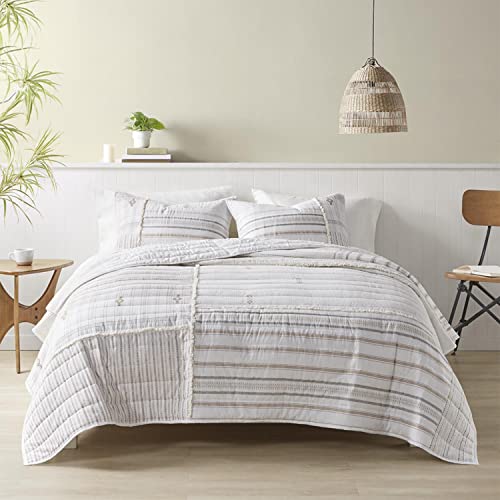 INK+IVY Salar Cotton Quilt Set - Stripe Patchwork Design with Fringe Trim Accent, Prewashed Coverlet, All Season, Breathable and Lightweight Cover, Cozy Summer Blanket, Full/Queen Natural 3 Piece