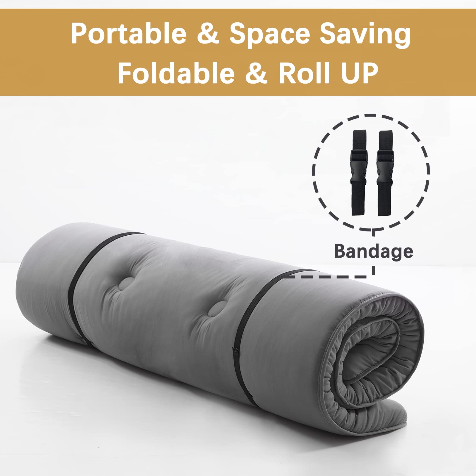 Futon Mattress Japanese Floor Mattress Full Size, Floor Bed Springy & Thick 4 '' Foam, Straps Roll Up Portable & Foldable Tatami Mat