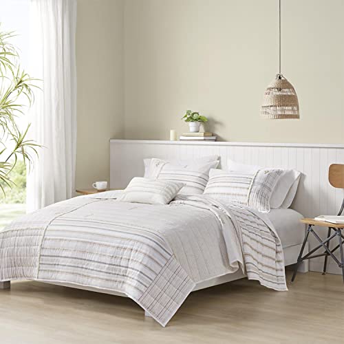 INK+IVY Salar Cotton Quilt Set - Stripe Patchwork Design with Fringe Trim Accent, Prewashed Coverlet, All Season, Breathable and Lightweight Cover, Cozy Summer Blanket, Full/Queen Natural 3 Piece