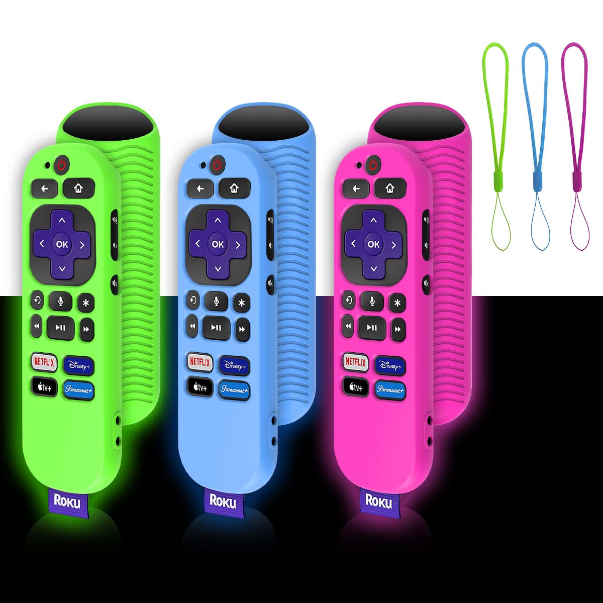 YIPINJIA Cover for Roku Voice Remote Official,【3Pack】Soft Silicone Case(Glow in the Dark)for Roku Players/Roku Audio/Roku TV Controller with Lanyard|Light Weight/Anti Slip/Shock Proof(Blue+Green+Pink)