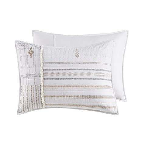 INK+IVY Salar Cotton Quilt Set - Stripe Patchwork Design with Fringe Trim Accent, Prewashed Coverlet, All Season, Breathable and Lightweight Cover, Cozy Summer Blanket, Full/Queen Natural 3 Piece
