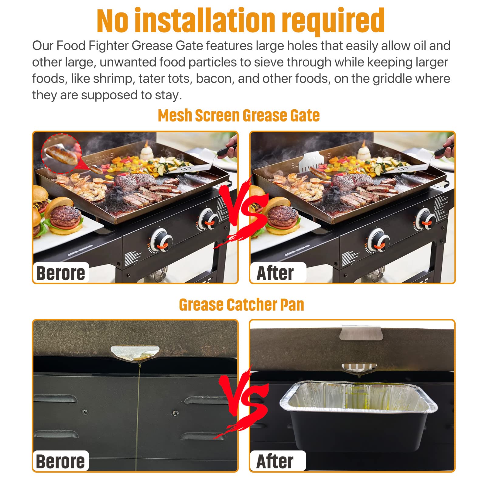 RUSFOL 3-in-1 Grease Catcher Pan with Stainless Steel Mesh Screen Grease Gate and 10 Pcs Aluminum Drip Pans Liner for 28"/36 Blackstone Griddles, Free from Drill&Easy Install BBQ Accessories