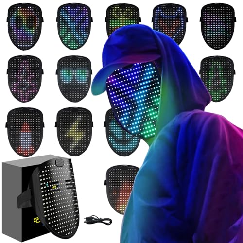 Kid Led Mask with Music Gesture Sensing Transforming Face,Light Up Luminous Digital Glow Masks for Halloween Christmas Birthday Party