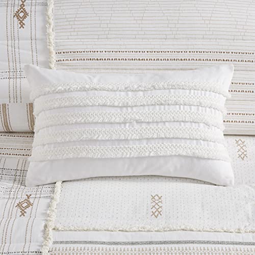 INK+IVY Salar Cotton Quilt Set - Stripe Patchwork Design with Fringe Trim Accent, Prewashed Coverlet, All Season, Breathable and Lightweight Cover, Cozy Summer Blanket, Full/Queen Natural 3 Piece