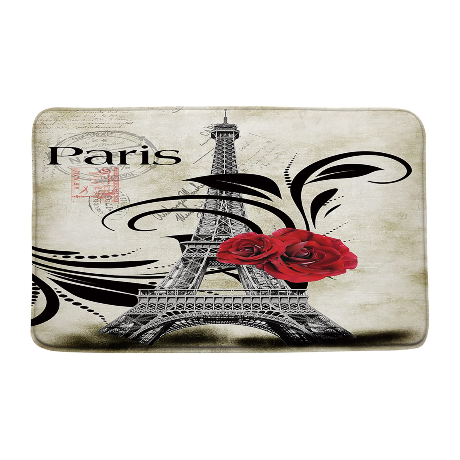 Vintage Eiffel Tower Bath Mat Retro Red Rose Romantic European Paris City Landmark Memory Foam Bathroom Rug Indoor Carpet Doormat