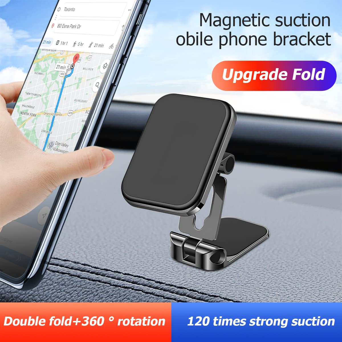 zipelo Phone Holder for Car, Super Strong Magnetic Car Cell Phone Mount Hands Free, Foldable Phone Stand for Automobile, 360° Rotation Universal Dashboard Car Cradle Fits All Smartphones