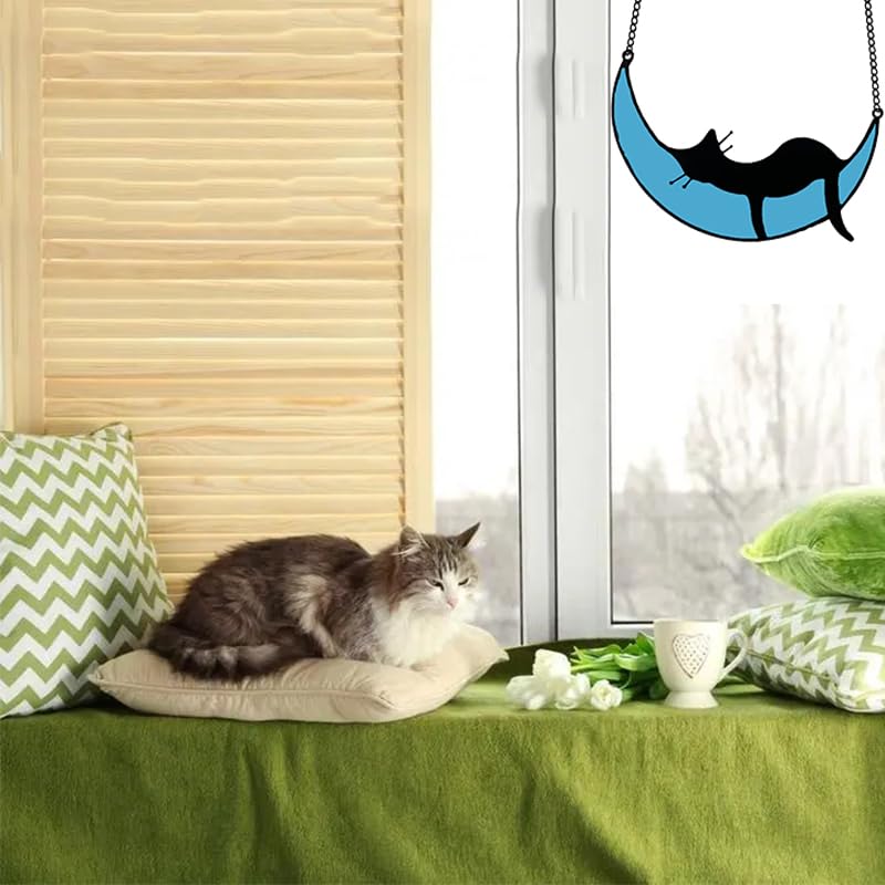 Glow in The Drak Stained Glass Window Hanging for Easter Home Decoration Black Cat Decor Suncatchers for Cat Lover Mom Friend