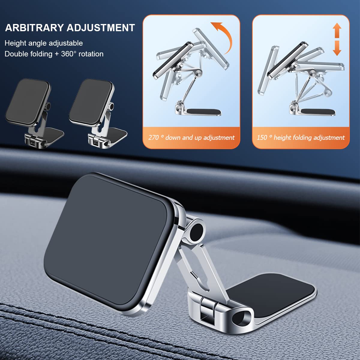 zipelo Phone Holder for Car, Super Strong Magnetic Car Cell Phone Mount Hands Free, Foldable Phone Stand for Automobile, 360° Rotation Universal Dashboard Car Cradle Fits All Smartphones
