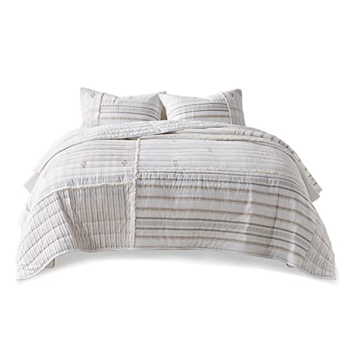 INK+IVY Salar Cotton Quilt Set - Stripe Patchwork Design with Fringe Trim Accent, Prewashed Coverlet, All Season, Breathable and Lightweight Cover, Cozy Summer Blanket, Full/Queen Natural 3 Piece