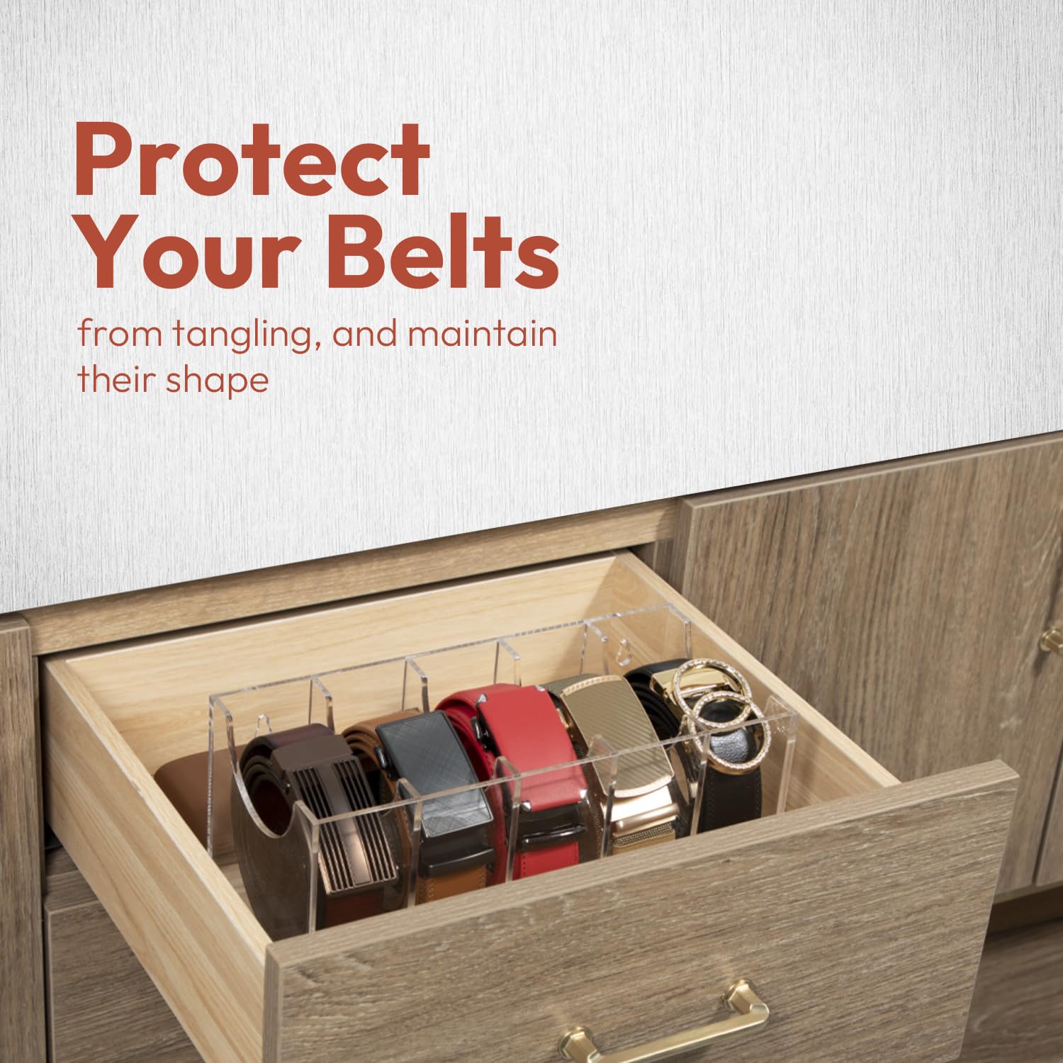 PROKTIK Acrylic Belt Organizer - 5 grid Belt Holder β Wall Mount Belt Storage β Tie and Belt Organizer for Closet and Drawer β Belt Display - Organizer for Belts, Ties, Watches, Cosmetics, Underwear