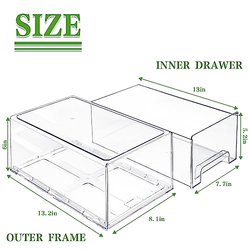 Totexil Fridge Drawers, 2 Pack Clear Stackable Pull Out Refrigerator Organizer Bins,BPA-Free Plastic Pantry Organization and Storage,Clear Storage Bins with Drawers for Kitchen Cabinet Office(X-Large)