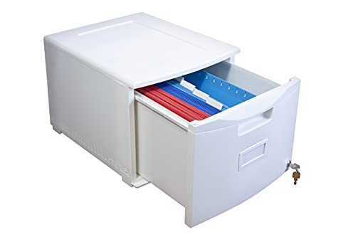 Storex Plastic One-Drawer File Cabinet – Locking Document Organizer for Home and Office, White, 1-Pack (61271B01C)