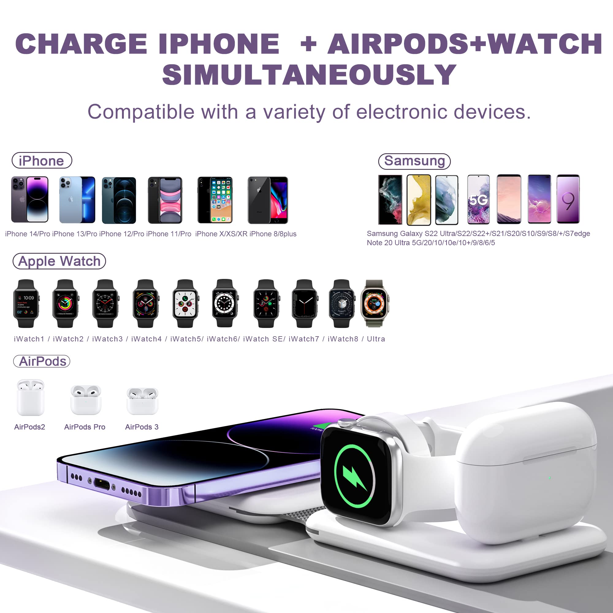 IBEL 3 in 1 Wireless Charger, Qi Wireless Fast Charging, Magnetic Foldable 3-in-1 Charging Station for iPhone, iWatch, Airpods, Samsung Galaxy Series,Google Pixel Series