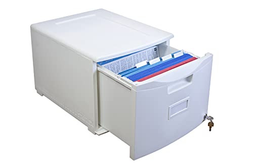 Storex Plastic One-Drawer File Cabinet – Locking Document Organizer for Home and Office, White, 1-Pack (61271B01C)