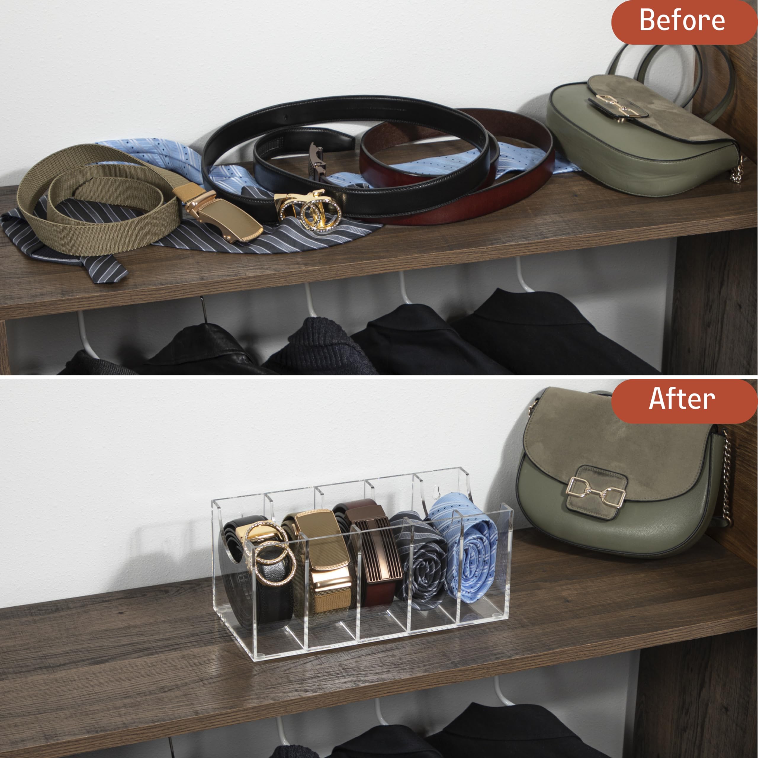 PROKTIK Acrylic Belt Organizer - 5 grid Belt Holder β Wall Mount Belt Storage β Tie and Belt Organizer for Closet and Drawer β Belt Display - Organizer for Belts, Ties, Watches, Cosmetics, Underwear
