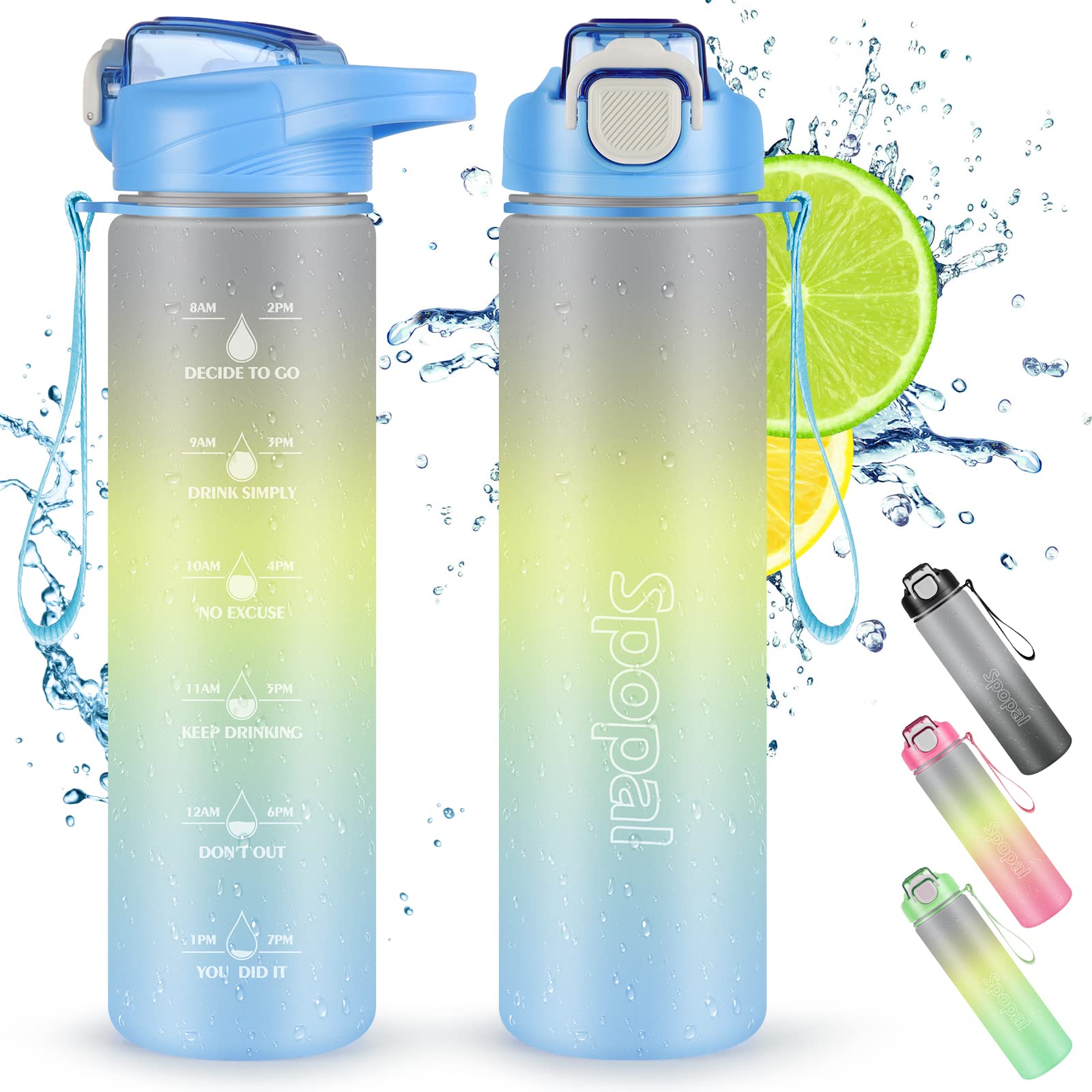 Spopal Motivational Water Bottle, [Leakproof] 32 Oz Plastic Water Bottle with Straw, [BPA Free] Reusable Sports Water Bottle, Ideal Gift for Gym,Fitness,Hiking, Travel,Outdoor Sports (Blue)