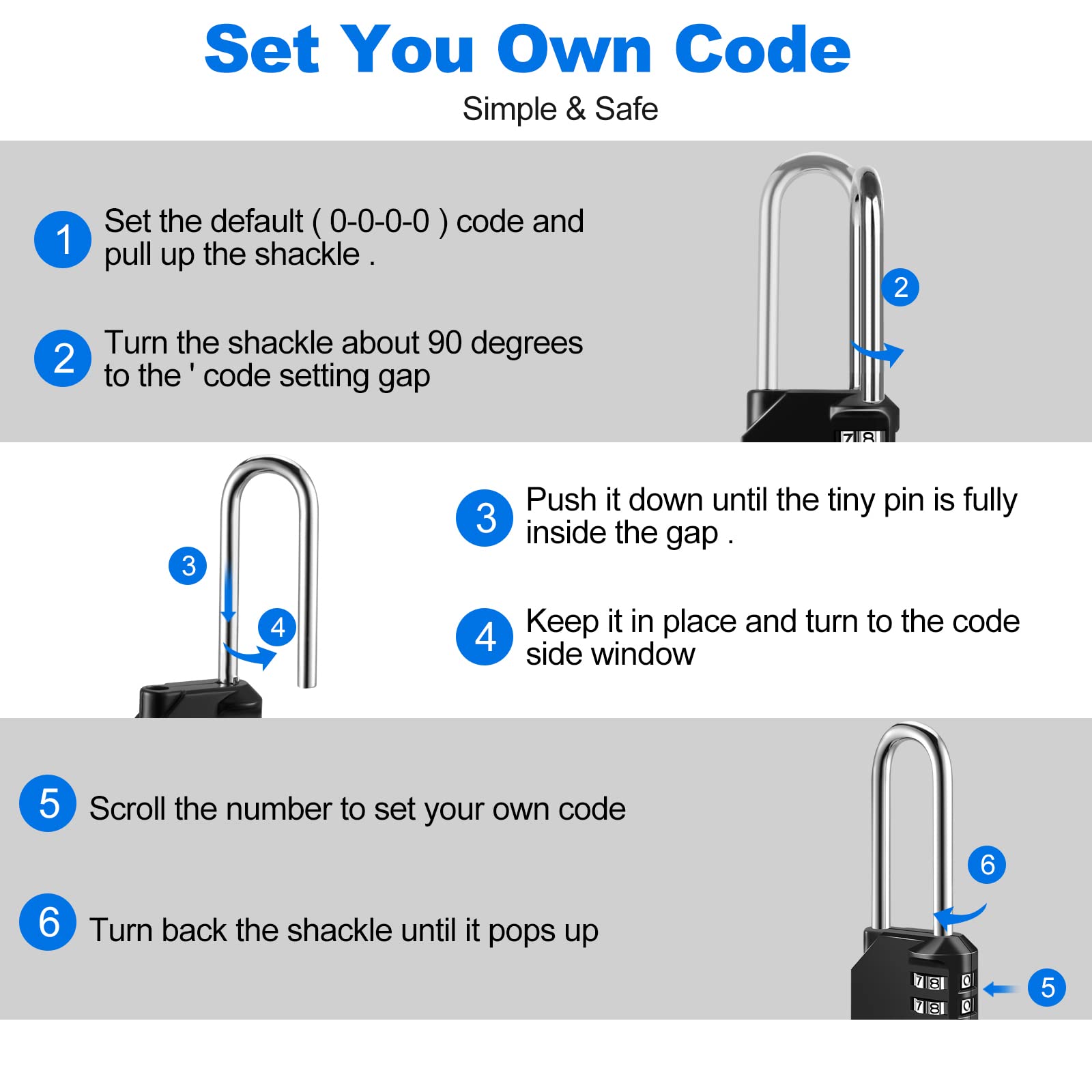 Combination Lock, 4 Digit Combination Padlock for School Gym Sports Locker, Fence, Toolbox, Case, Hasp Cabinet Storage (Long Shackle, 2 Pack, Blue & Black)
