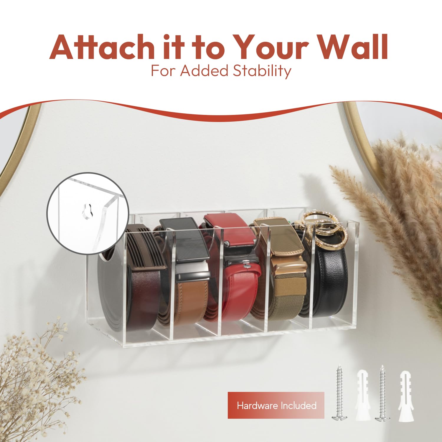 PROKTIK Acrylic Belt Organizer - 5 grid Belt Holder β Wall Mount Belt Storage β Tie and Belt Organizer for Closet and Drawer β Belt Display - Organizer for Belts, Ties, Watches, Cosmetics, Underwear