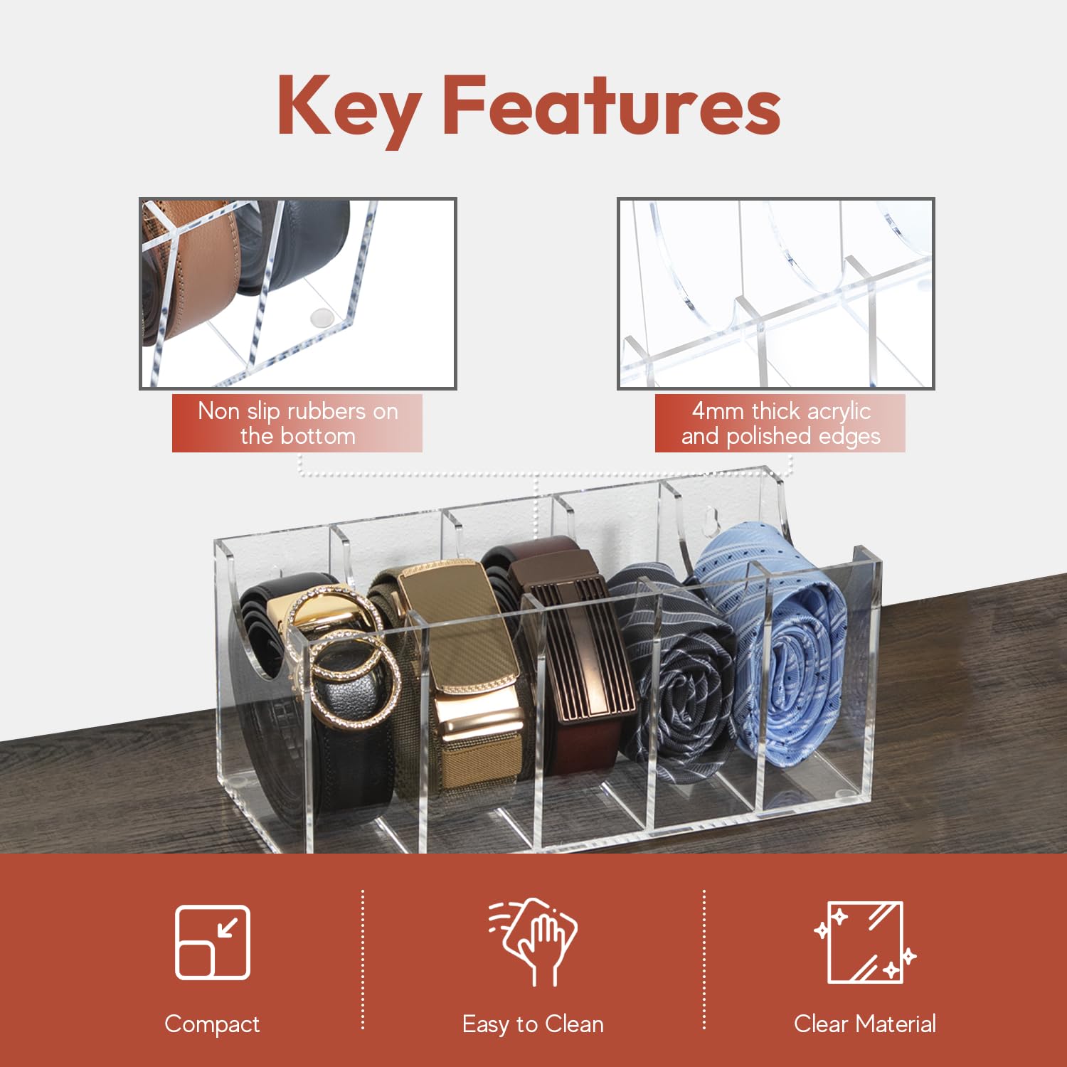 PROKTIK Acrylic Belt Organizer - 5 grid Belt Holder β Wall Mount Belt Storage β Tie and Belt Organizer for Closet and Drawer β Belt Display - Organizer for Belts, Ties, Watches, Cosmetics, Underwear