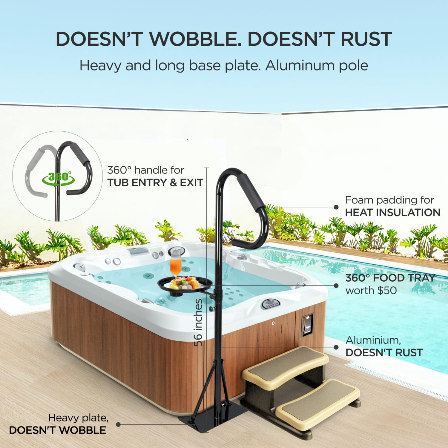 Hot Tub Handrail with Cup Holder Tray 56" Height 360 Rotatable Rust Proof Aluminum Hot Tub Railing with Slide Under Mount Base for Spa Hot Tub 600 LBS Capacity Hand Rail