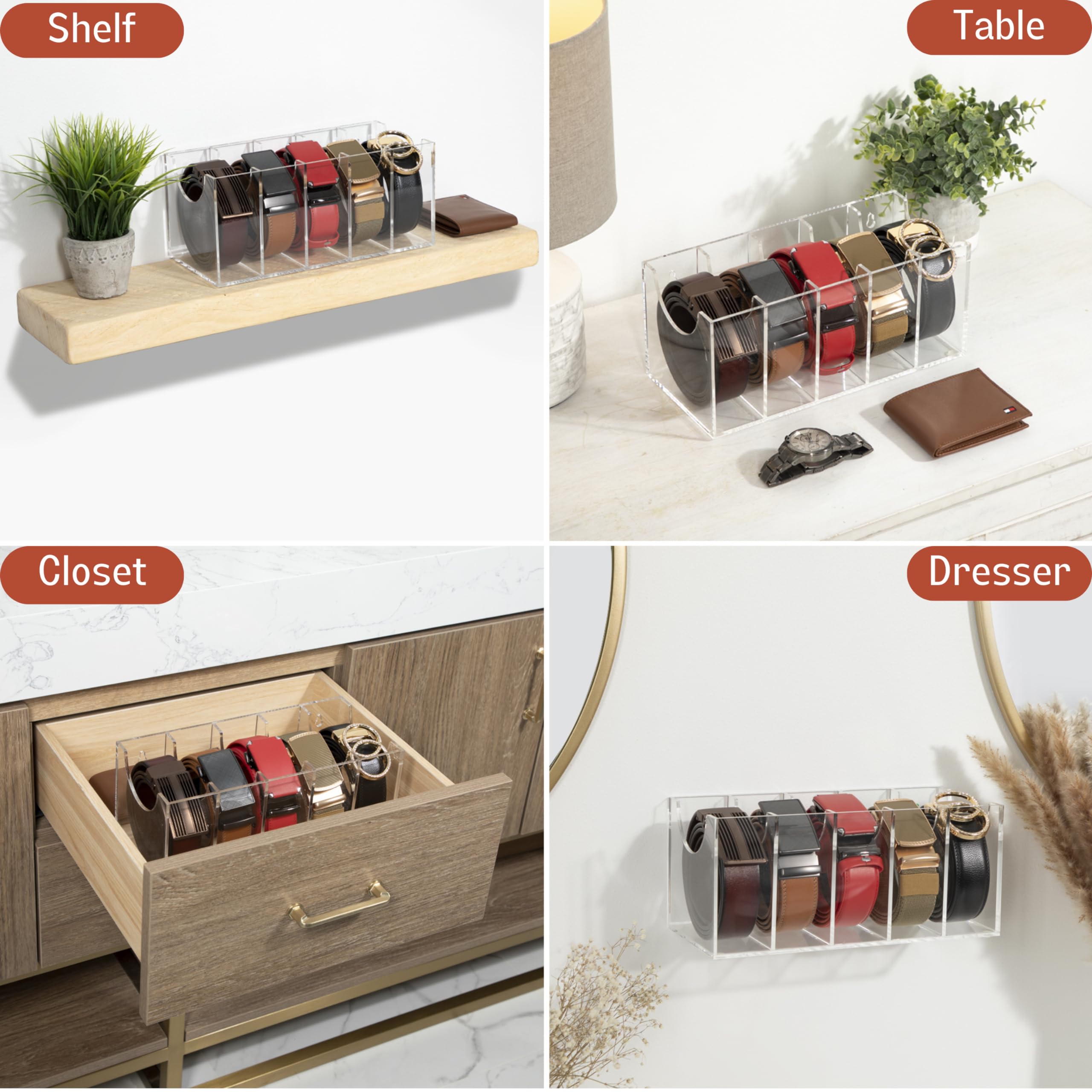 PROKTIK Acrylic Belt Organizer - 5 grid Belt Holder β Wall Mount Belt Storage β Tie and Belt Organizer for Closet and Drawer β Belt Display - Organizer for Belts, Ties, Watches, Cosmetics, Underwear