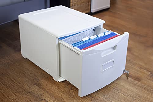 Storex Plastic One-Drawer File Cabinet – Locking Document Organizer for Home and Office, White, 1-Pack (61271B01C)