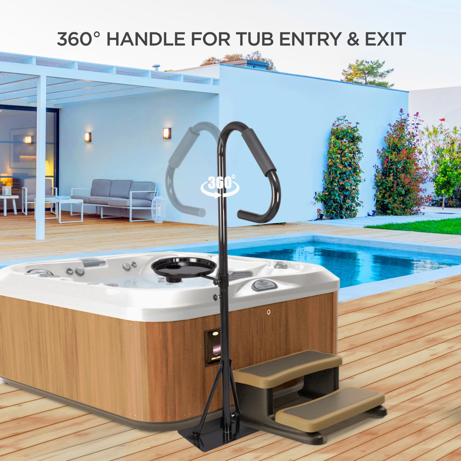 Hot Tub Handrail with Cup Holder Tray 56" Height 360 Rotatable Rust Proof Aluminum Hot Tub Railing with Slide Under Mount Base for Spa Hot Tub 600 LBS Capacity Hand Rail