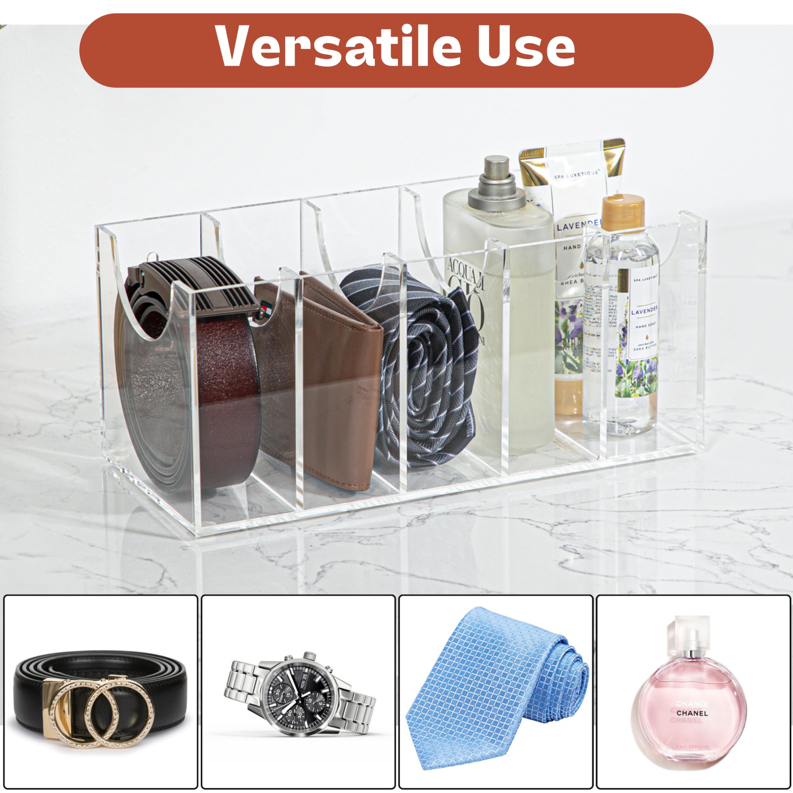 PROKTIK Acrylic Belt Organizer - 5 grid Belt Holder β Wall Mount Belt Storage β Tie and Belt Organizer for Closet and Drawer β Belt Display - Organizer for Belts, Ties, Watches, Cosmetics, Underwear