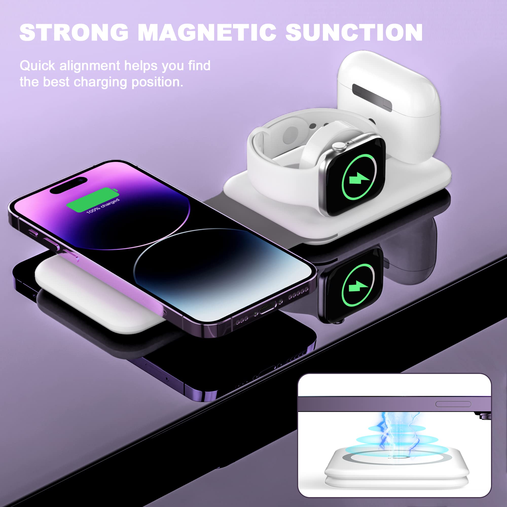 IBEL 3 in 1 Wireless Charger, Qi Wireless Fast Charging, Magnetic Foldable 3-in-1 Charging Station for iPhone, iWatch, Airpods, Samsung Galaxy Series,Google Pixel Series