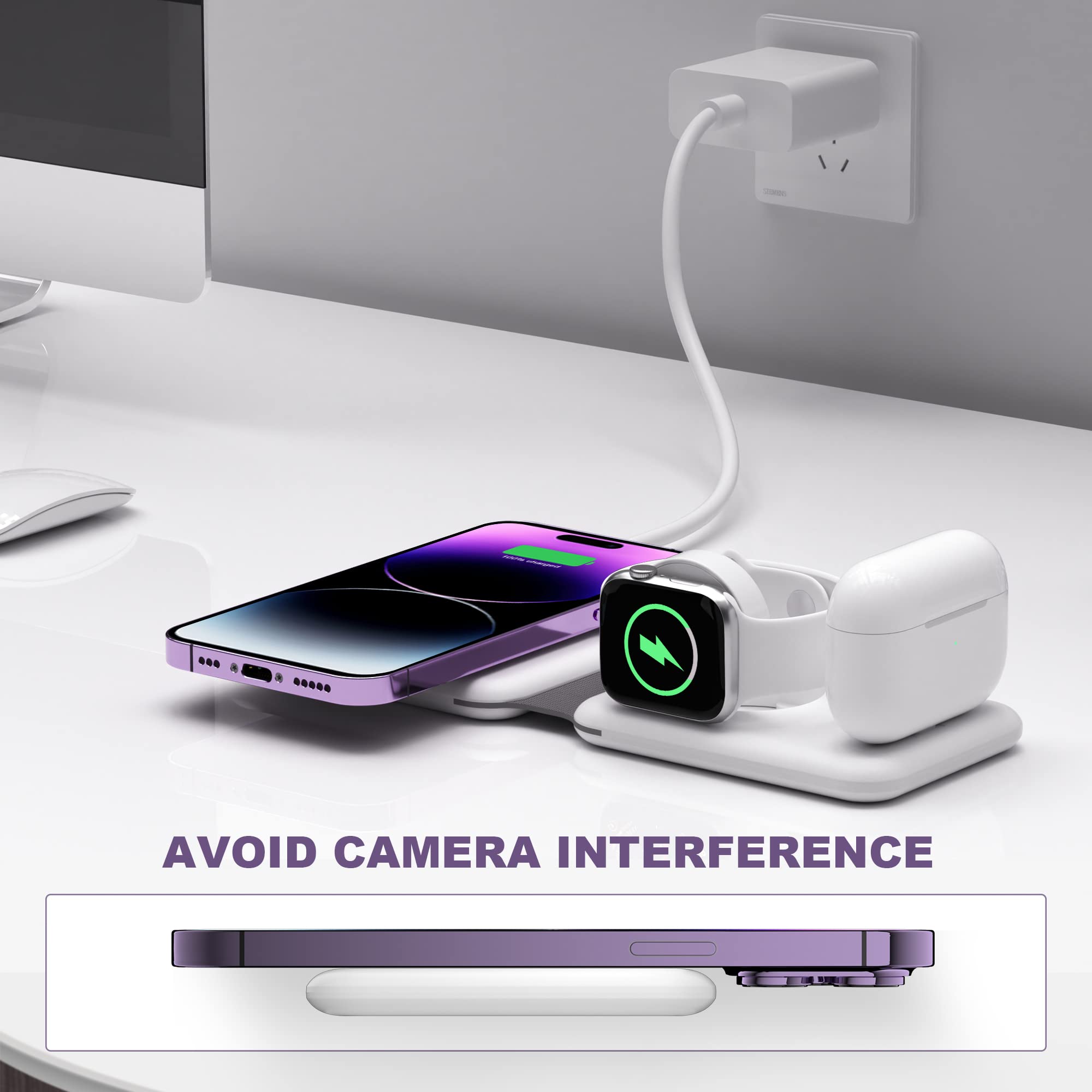 IBEL 3 in 1 Wireless Charger, Qi Wireless Fast Charging, Magnetic Foldable 3-in-1 Charging Station for iPhone, iWatch, Airpods, Samsung Galaxy Series,Google Pixel Series