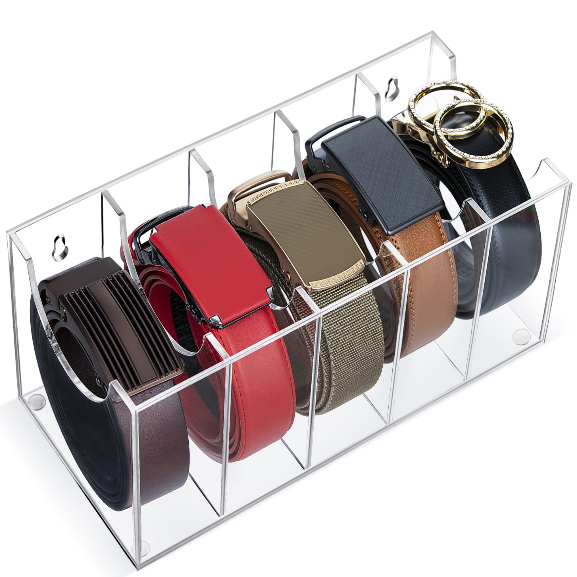 PROKTIK Acrylic Belt Organizer - 5 grid Belt Holder โ Wall Mount Belt Storage โ Tie and Belt Organizer for Closet and Drawer โ Belt Display - Organizer for Belts, Ties, Watches, Cosmetics, Underwear