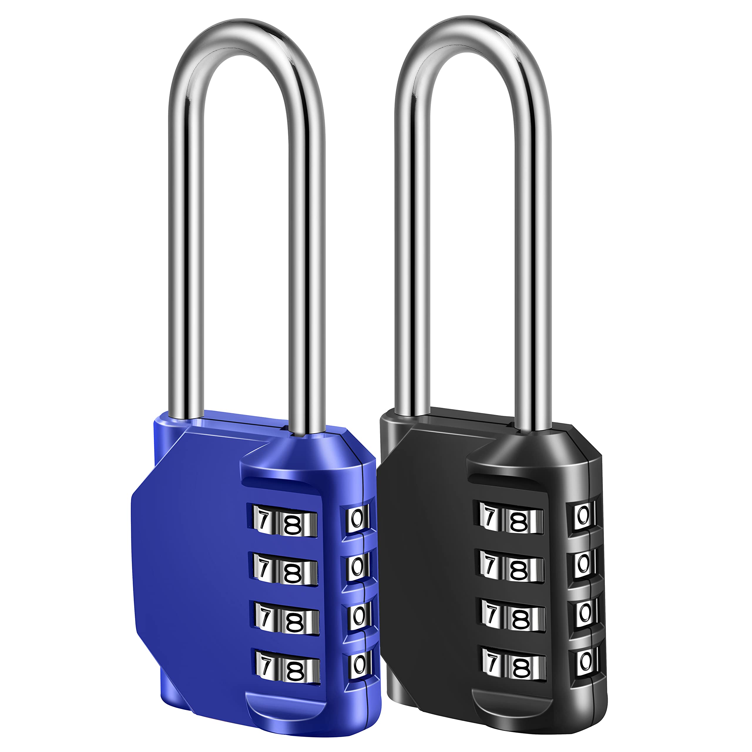 Combination Lock, 4 Digit Combination Padlock for School Gym Sports Locker, Fence, Toolbox, Case, Hasp Cabinet Storage (Long Shackle, 2 Pack, Blue & Black)