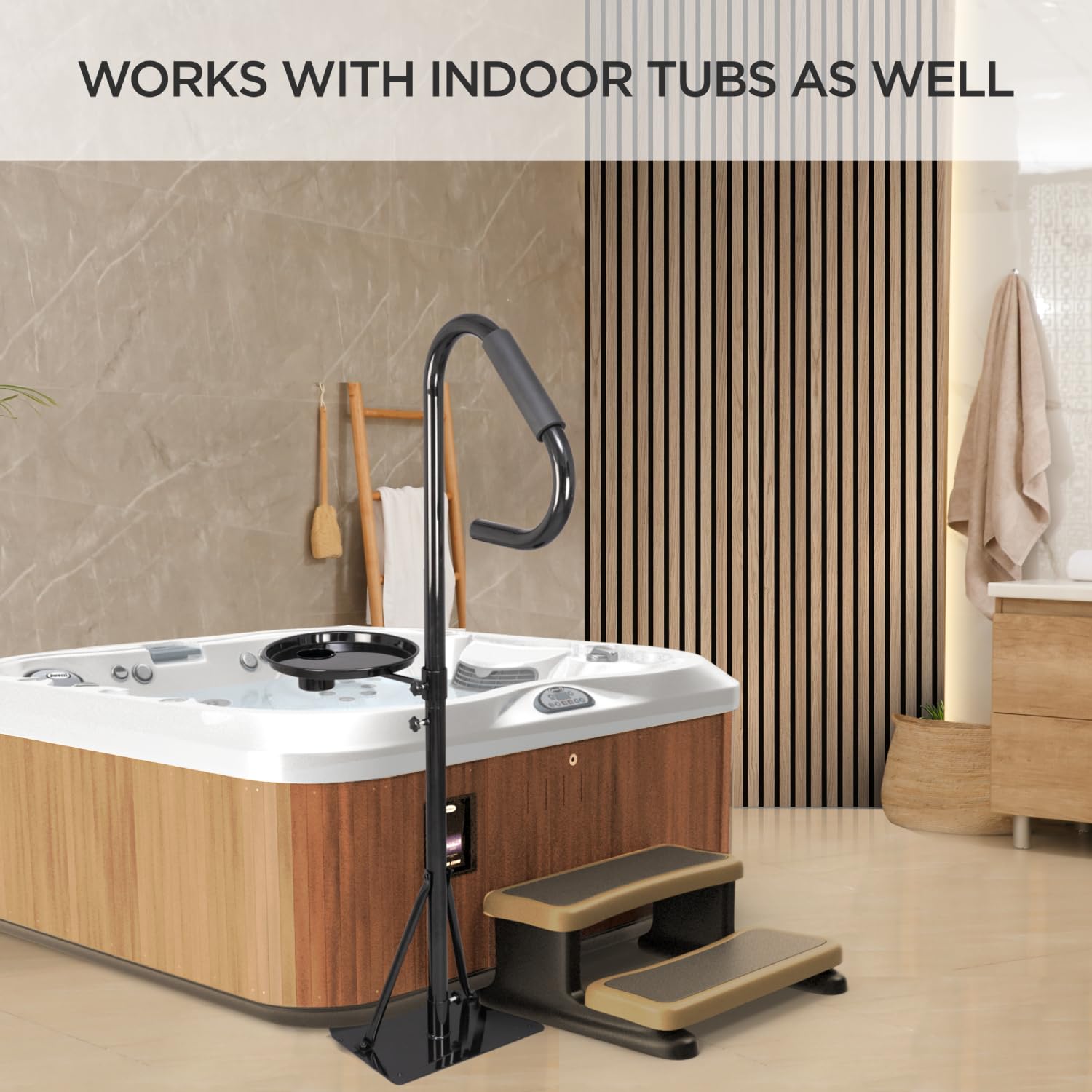 Hot Tub Handrail with Cup Holder Tray 56" Height 360 Rotatable Rust Proof Aluminum Hot Tub Railing with Slide Under Mount Base for Spa Hot Tub 600 LBS Capacity Hand Rail