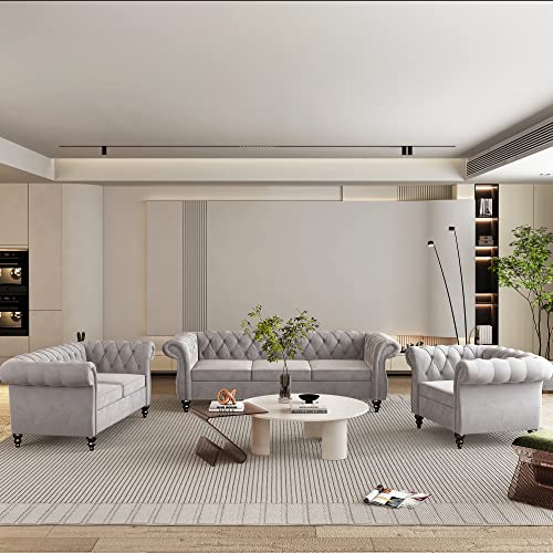 PHOYAL 3 Piece Living Room Set, Chesterfield Velvet Sofa Loveseat Couch Chair with Scroll Arms and Nailhead for Living Room, Office (Grey, 1-2-3)