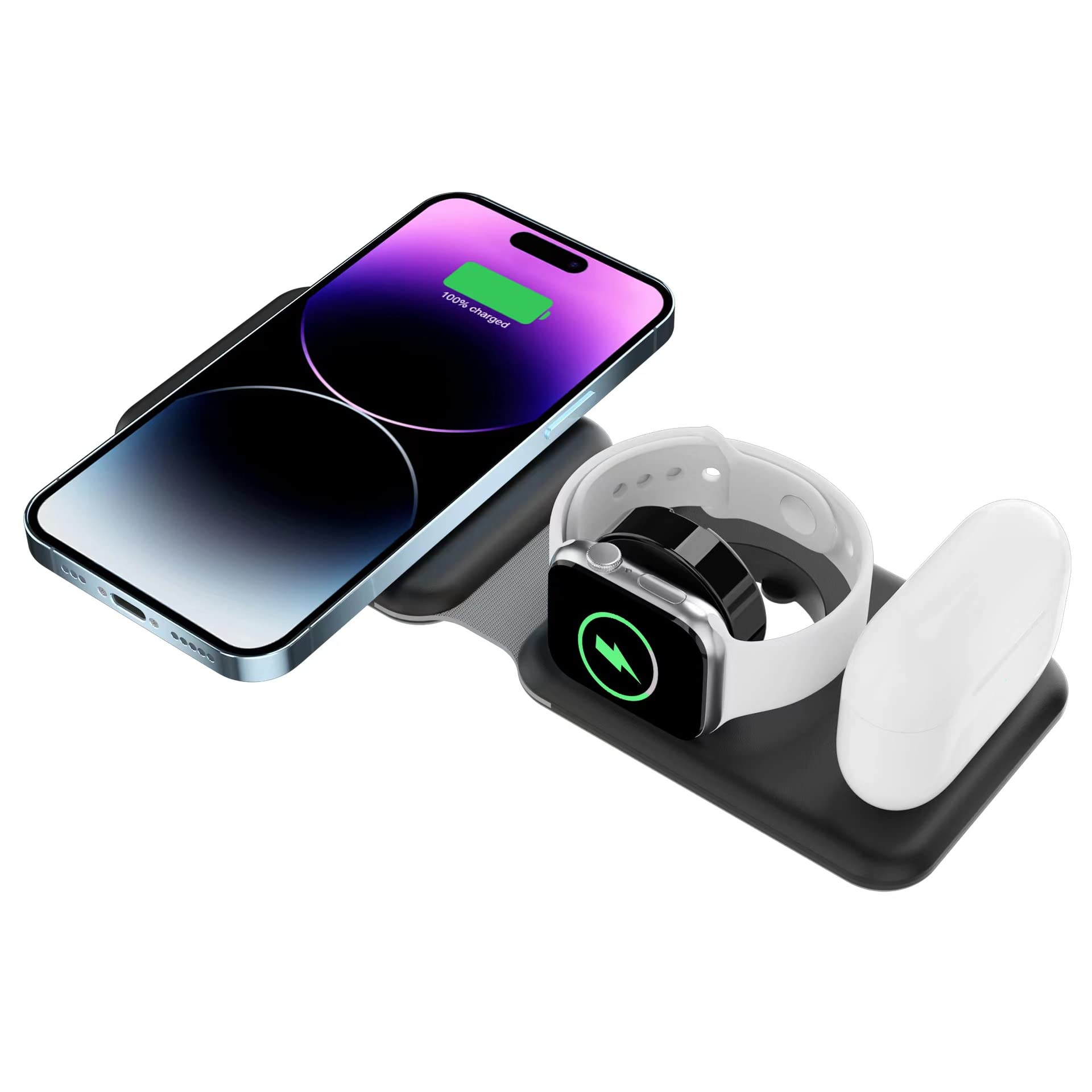 IBEL 3 in 1 Wireless Charger, Qi Wireless Fast Charging, Magnetic Foldable 3-in-1 Charging Station for iPhone, iWatch, Airpods, Samsung Galaxy Series,Google Pixel Series