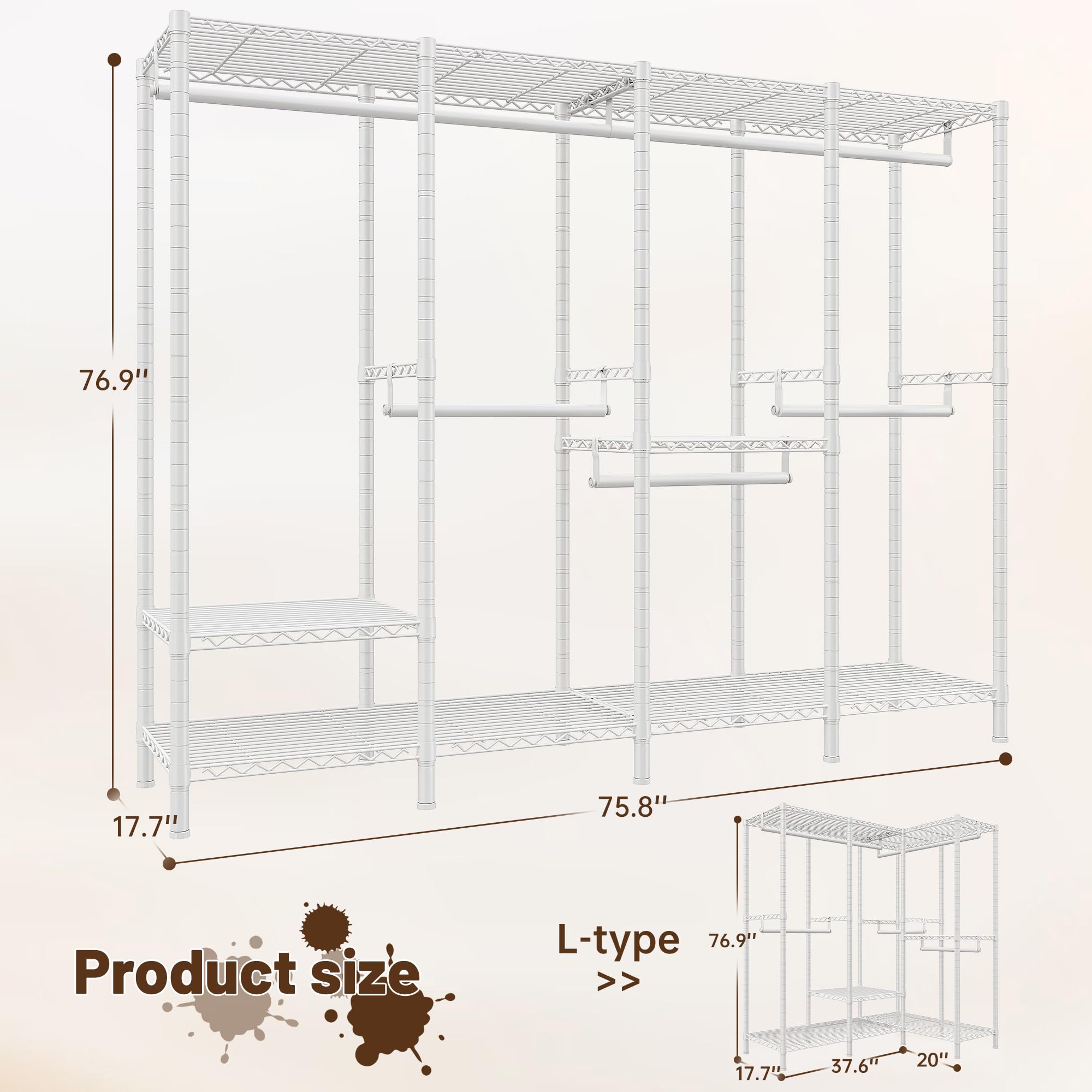 Raybee 76.9" H Clothes Rack Heavy Duty Loads 1100 LBS Metal Clothing Racks for Hanging Clothes Adjustable Wadorbe Closet White,75.8" W*17.7" D*76.9" H