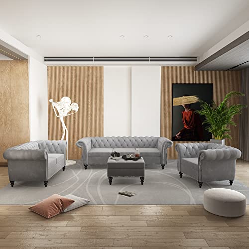 PHOYAL 3 Piece Living Room Set, Chesterfield Velvet Sofa Loveseat Couch Chair with Scroll Arms and Nailhead for Living Room, Office (Grey, 1-2-3)