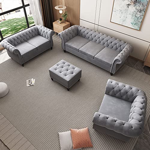 PHOYAL 3 Piece Living Room Set, Chesterfield Velvet Sofa Loveseat Couch Chair with Scroll Arms and Nailhead for Living Room, Office (Grey, 1-2-3)